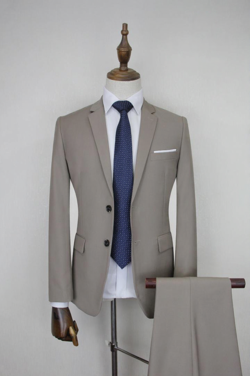 Modern Beige Single-Breasted Business Suit with Pocket Square – My Store